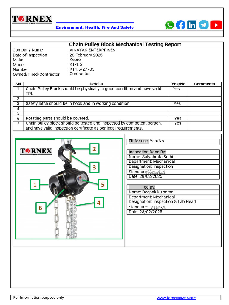 Chain Pulley Block Inspection Vinayak Enterprice | PDF