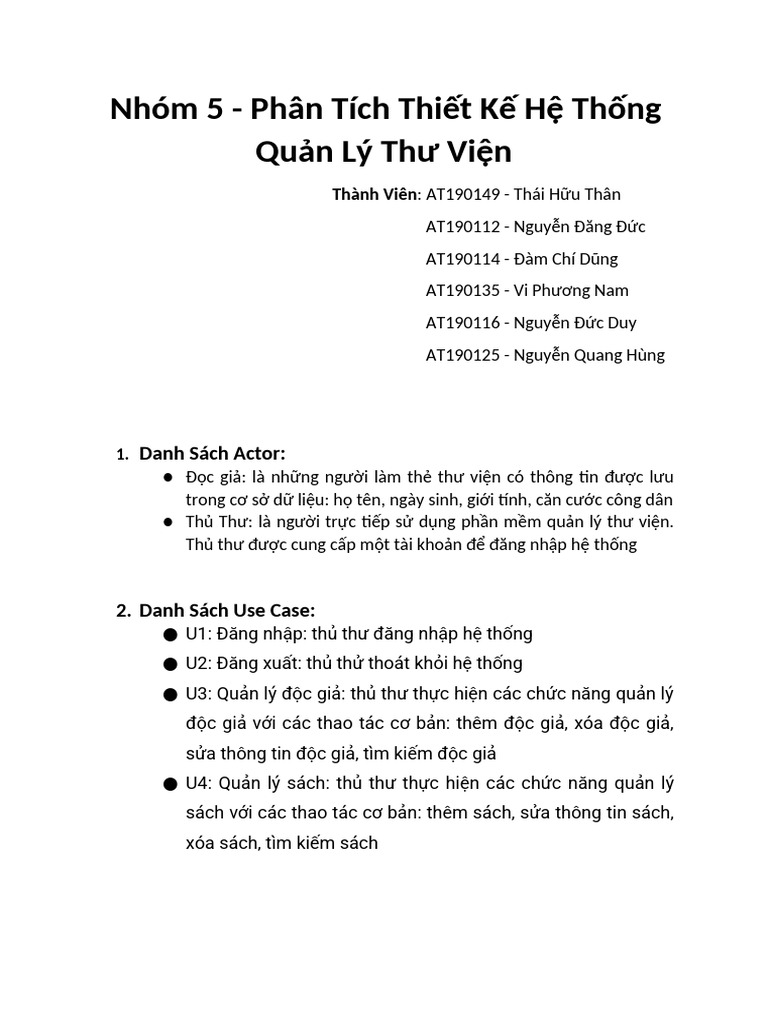Phân Tích Thiết Kế Hệ Thống Thư Viện - Nhóm5 | PDF