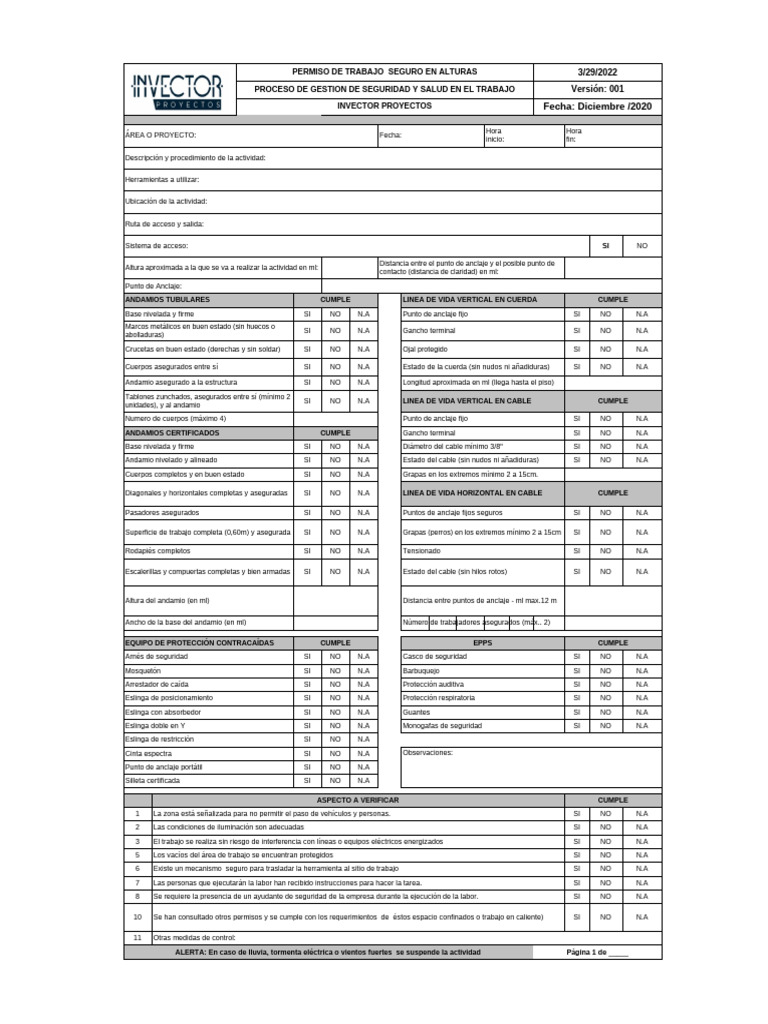 SST-F-TSA FORMATO PERMISOS TRABAJO EN ALTURAS | PDF