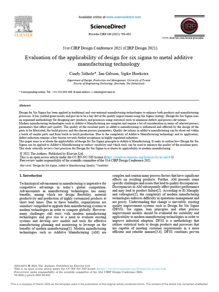 Valuation of The Applicability of Design For Six Sigma To Metal ...