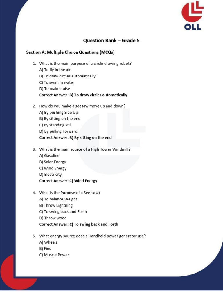 Question Bank Grade 5 | PDF