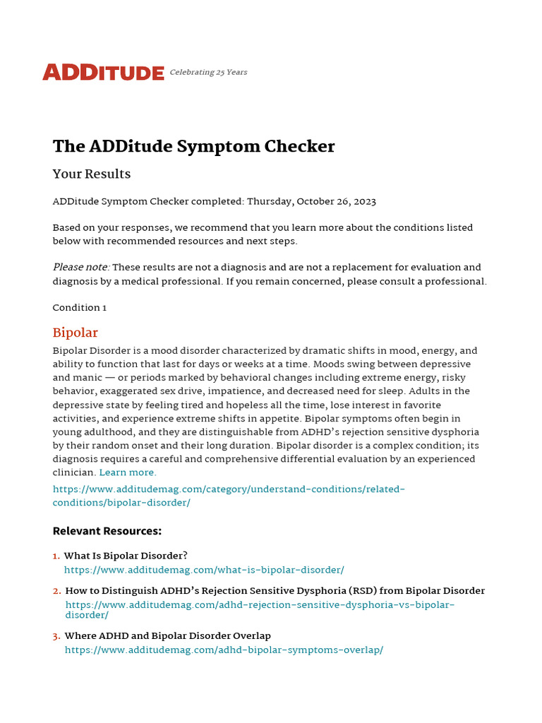 ADDitude Symptom Checker Results | PDF | Attention Deficit ...