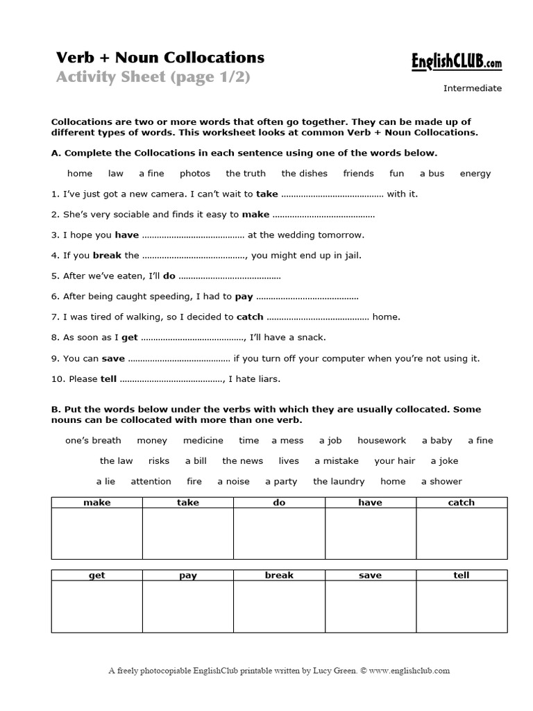 Collocations Verb Noun Activity | PDF | Semantic Units | Language Mechanics