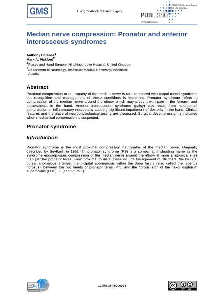 Median Nerve Compression- Pronator and Anterior Interosseous Syndromes | PDF | Elbow | Nervous ...