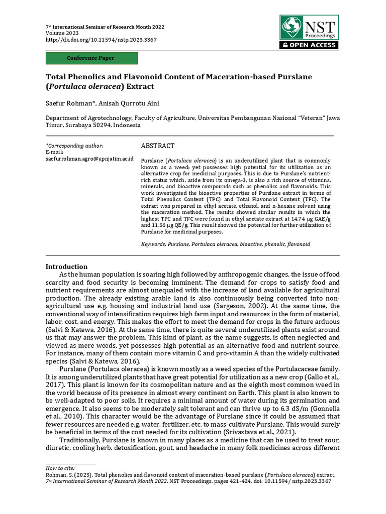 Total Flavonoid and Phenolic Content of P.oleracea | PDF | Polyphenol | Flavonoid