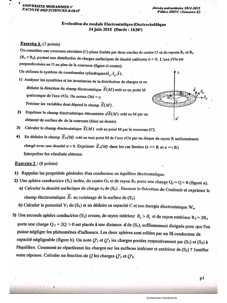 Les examens Électrostatique et électrocinétique SMPC2 FSR | PDF