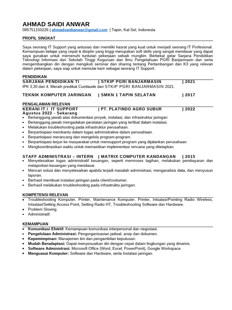 CV Ahmad Saidi Anwar - IT Support | PDF