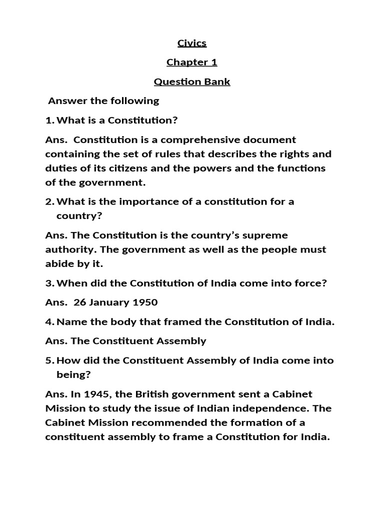 GR 7 Civics Question Bank Chapter 1 | PDF | Constitution | Legal Documents