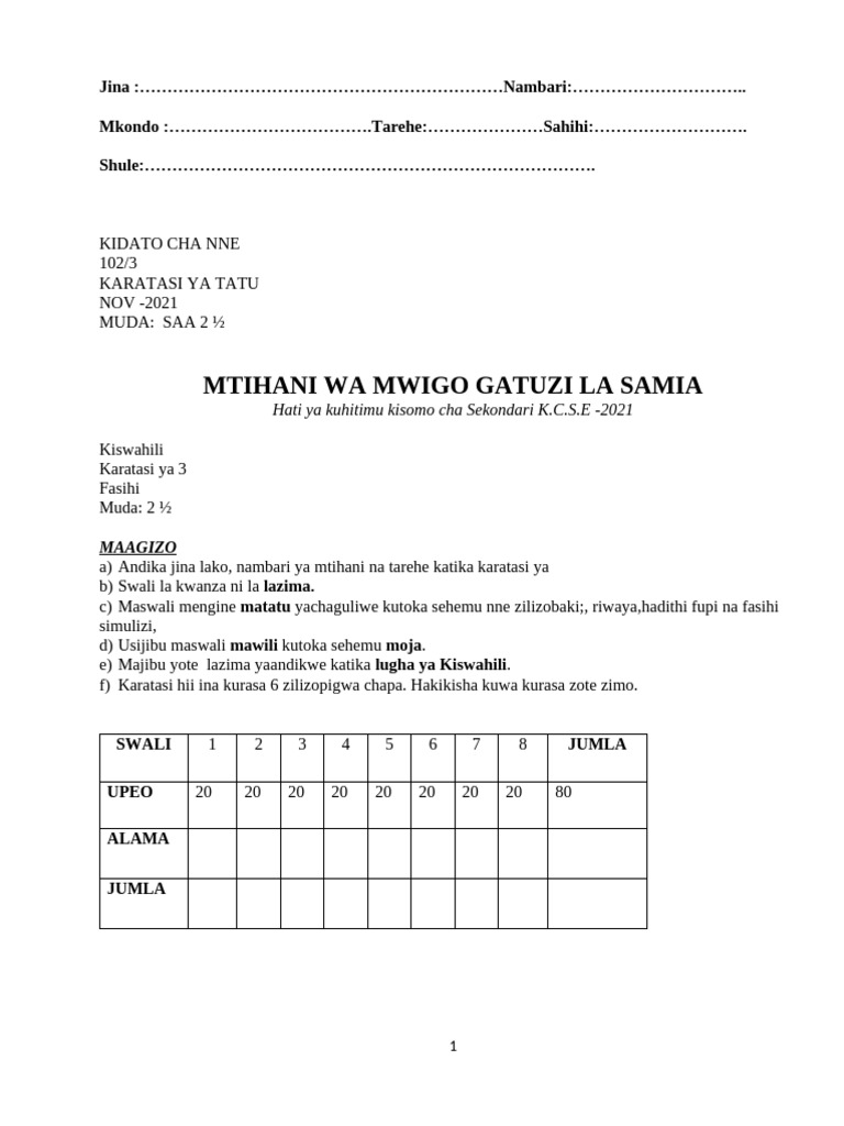 2022 Samia Mock Kiswahili Pp3 | PDF