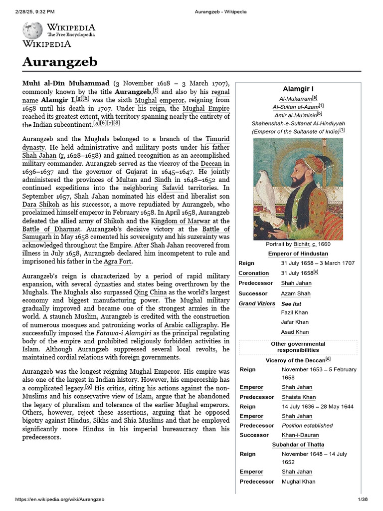 Aurangzeb - Wikipedia | PDF | Mughal Empire