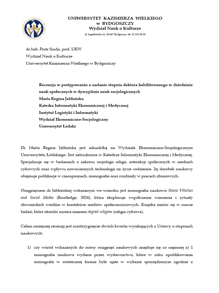 Recenzja DR Hab. Piotr Siuda Prof. UKW | PDF