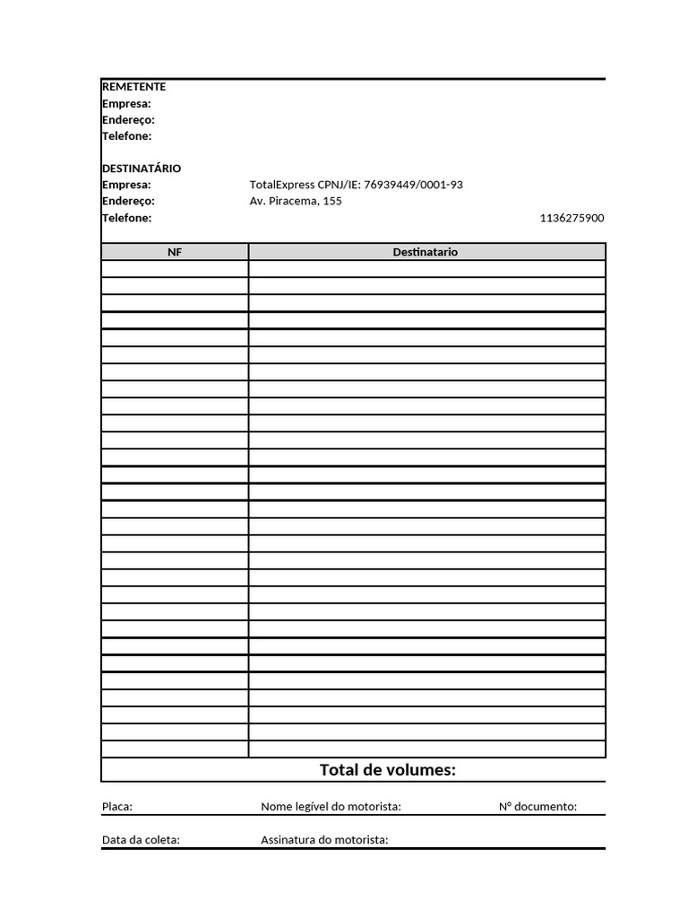 Modelo de Romaneio de Coleta | PDF