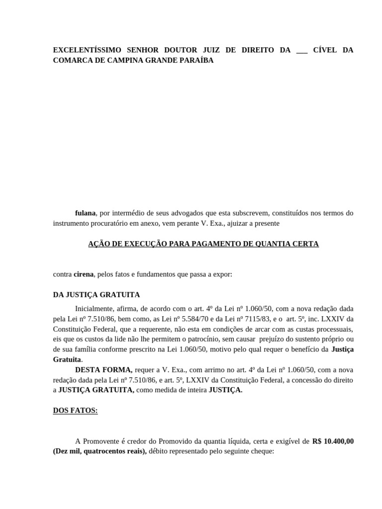 Ação de Execução de Cheque Devolvido | PDF | Cheque (banco) | Processo ...