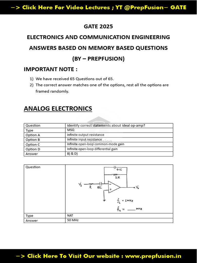 GATE 2025 ECE Memory-Based Answers | PDF | Amplifier | Electrical ...