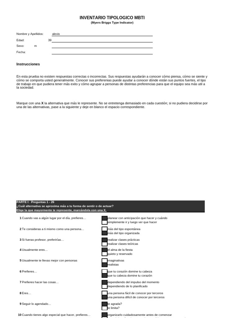 Test MBTI Alexis | PDF | Realidad