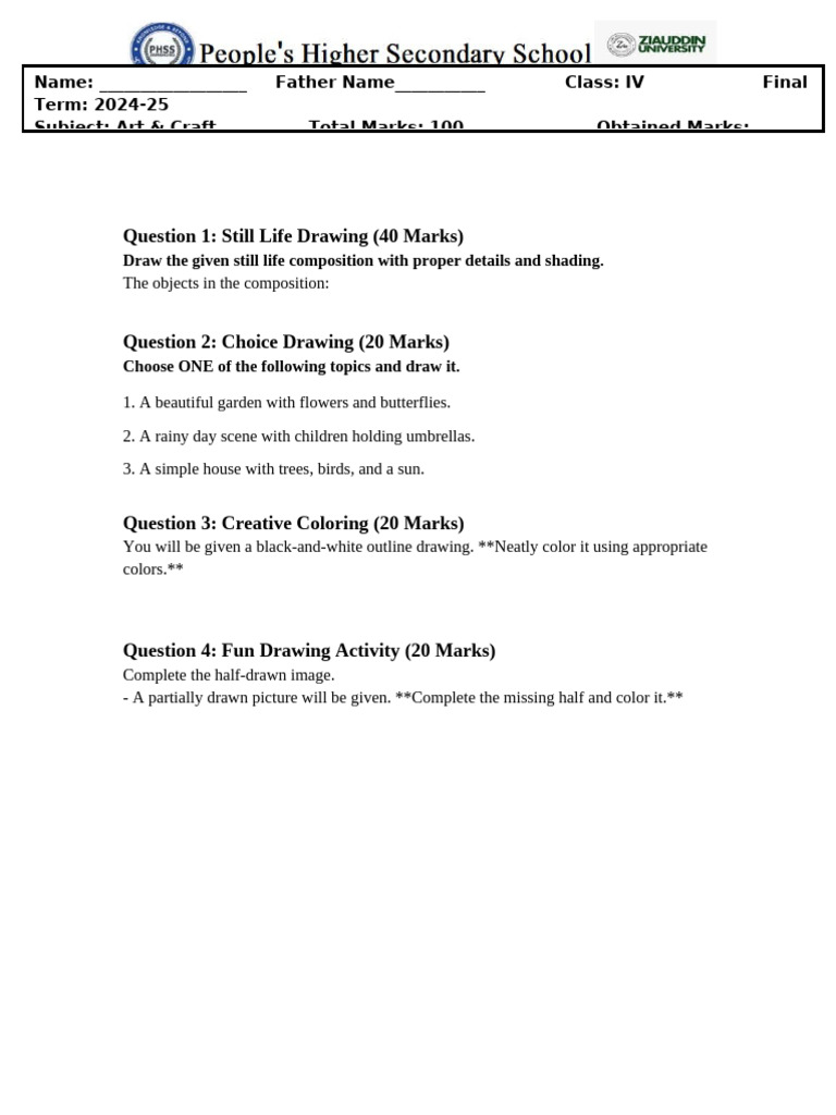 Class 4 Art Question Paper 2024-25 | PDF