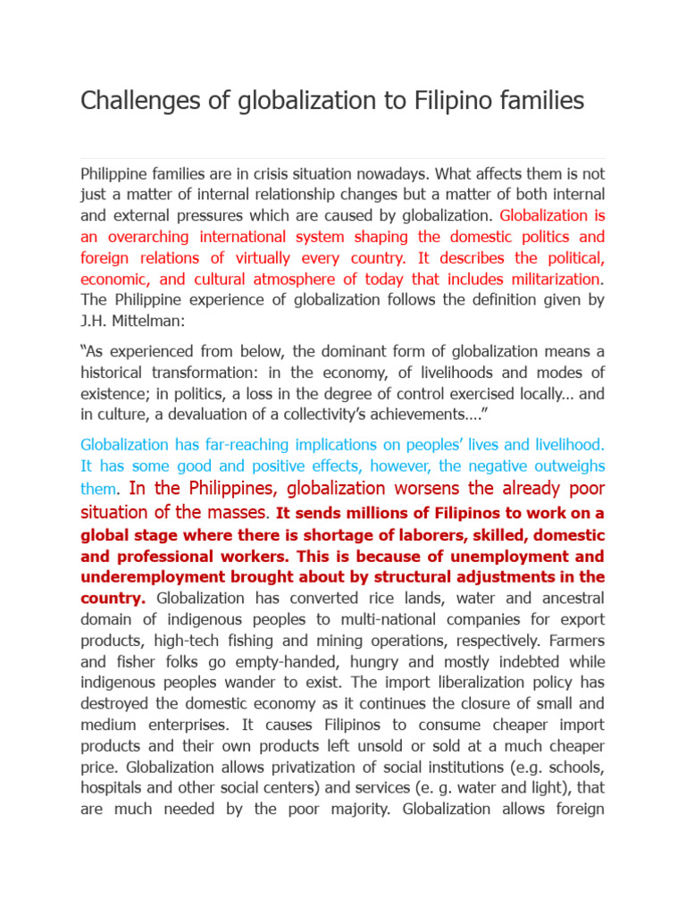 Impact of Globalization on Filipino Families | PDF