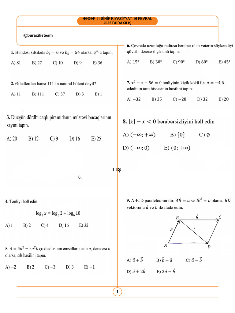 HDF 11 Sinif Riyaziyyat 16 Fevral 2025 Buraxilis | PDF