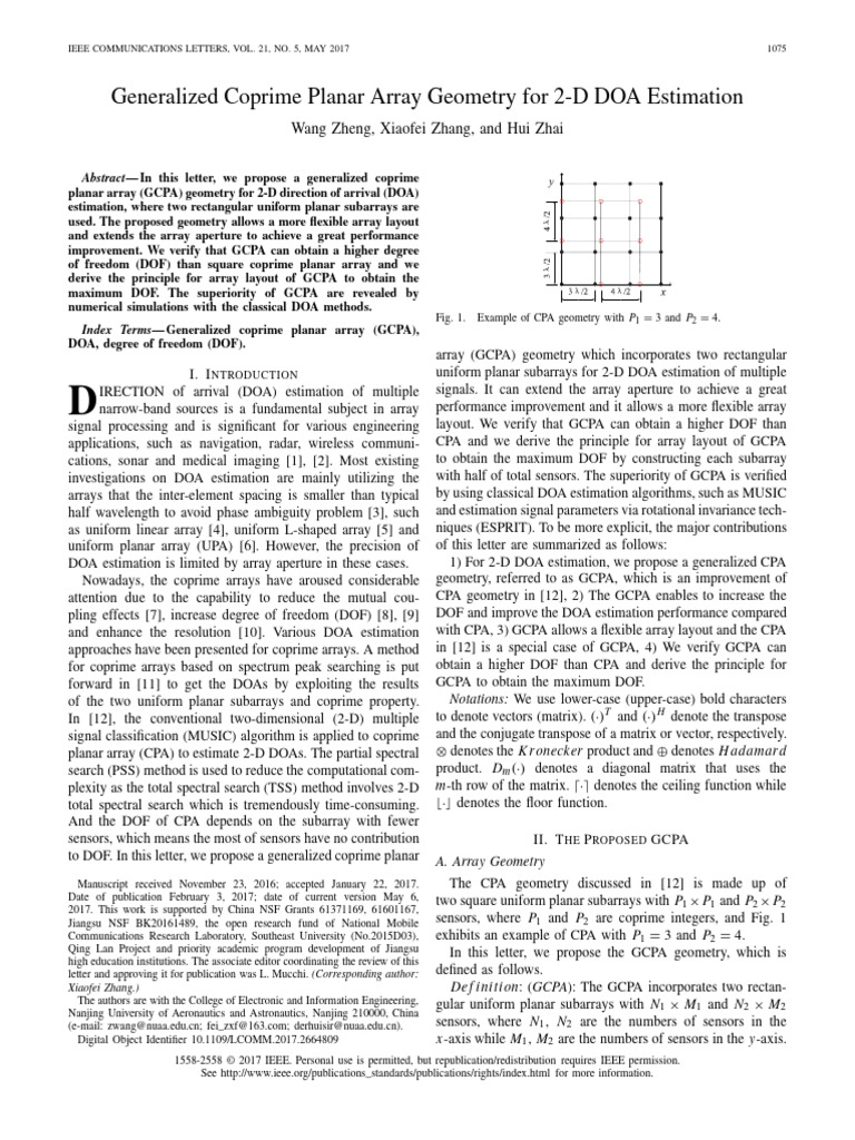 2017 Generalized Coprime Planar Array Geometry For 2-D DOA Estimation | PDF | Eigenvalues And ...