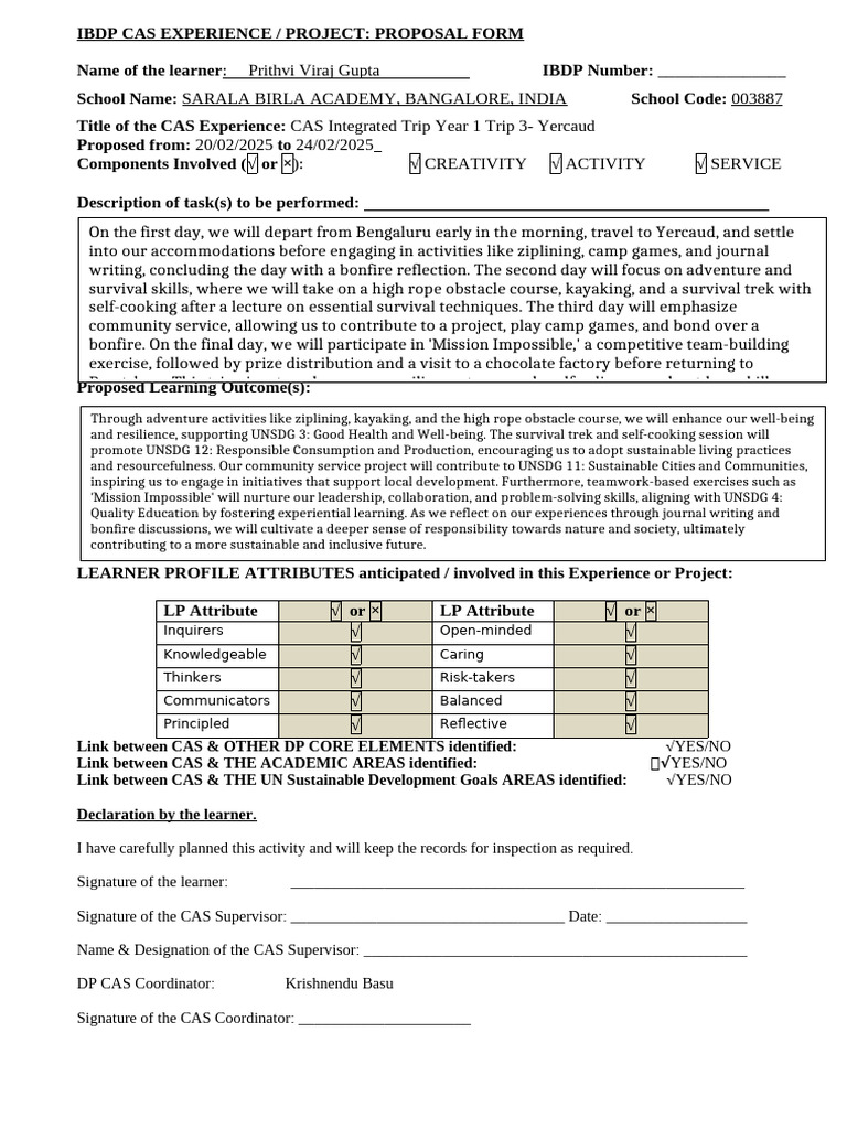 CAS Proposal Form (Year1, Trip3 | PDF | Learning | Cognition