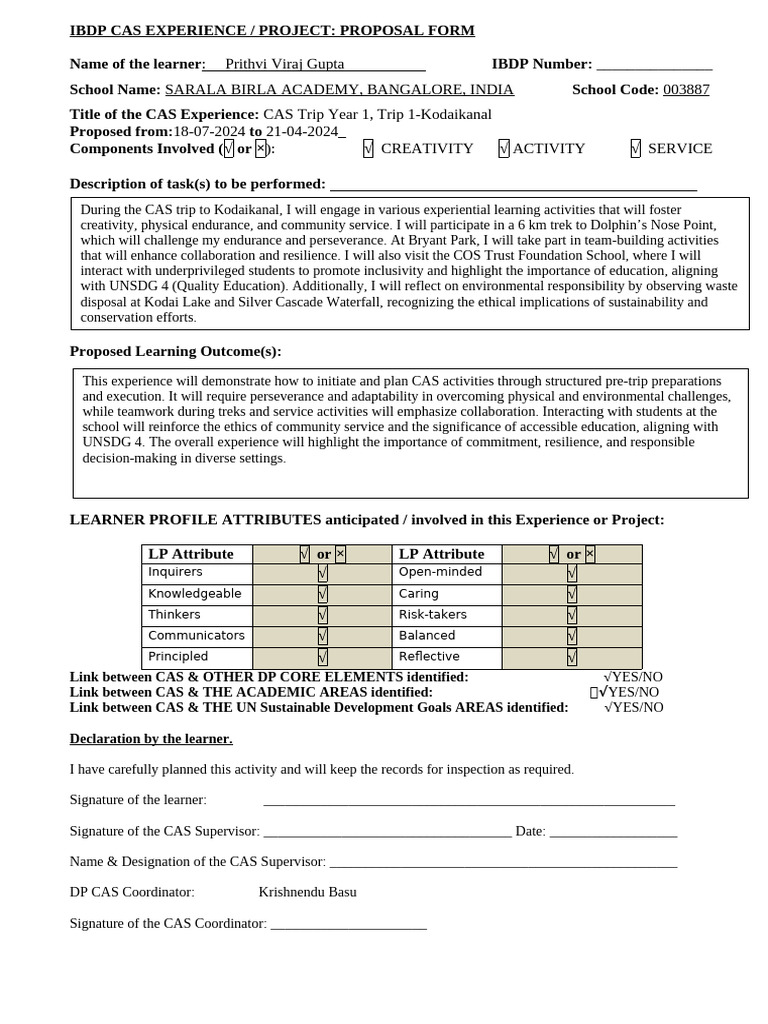 CAS Proposal Form (Year1, Trip 1) | PDF | Learning | Cognition