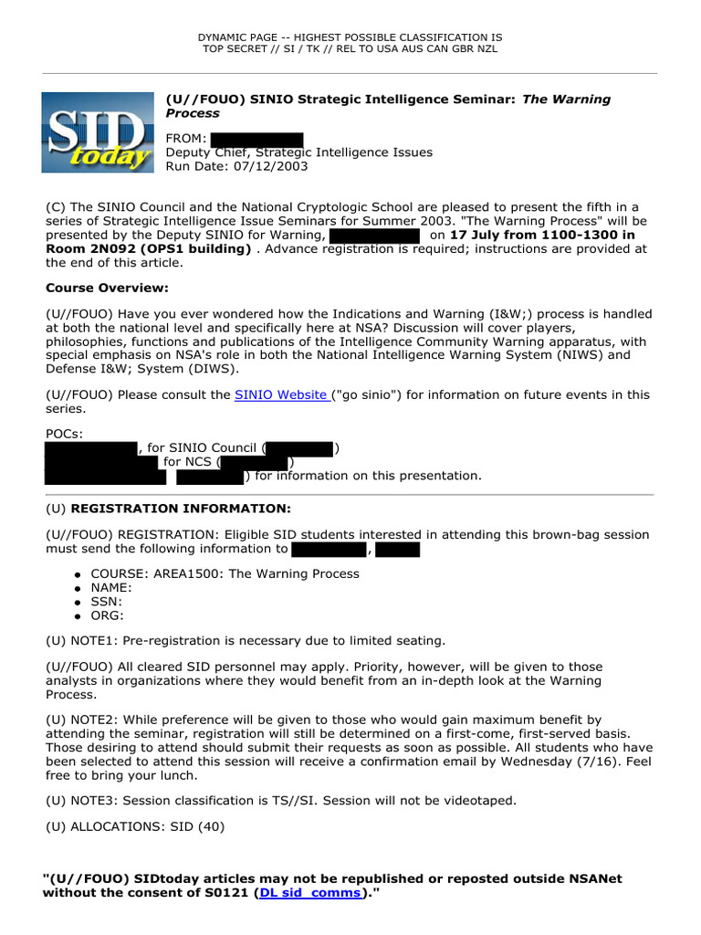 2003-07-12 SIDToday - SINIO Strategic Intelligence Seminar The Warning ...