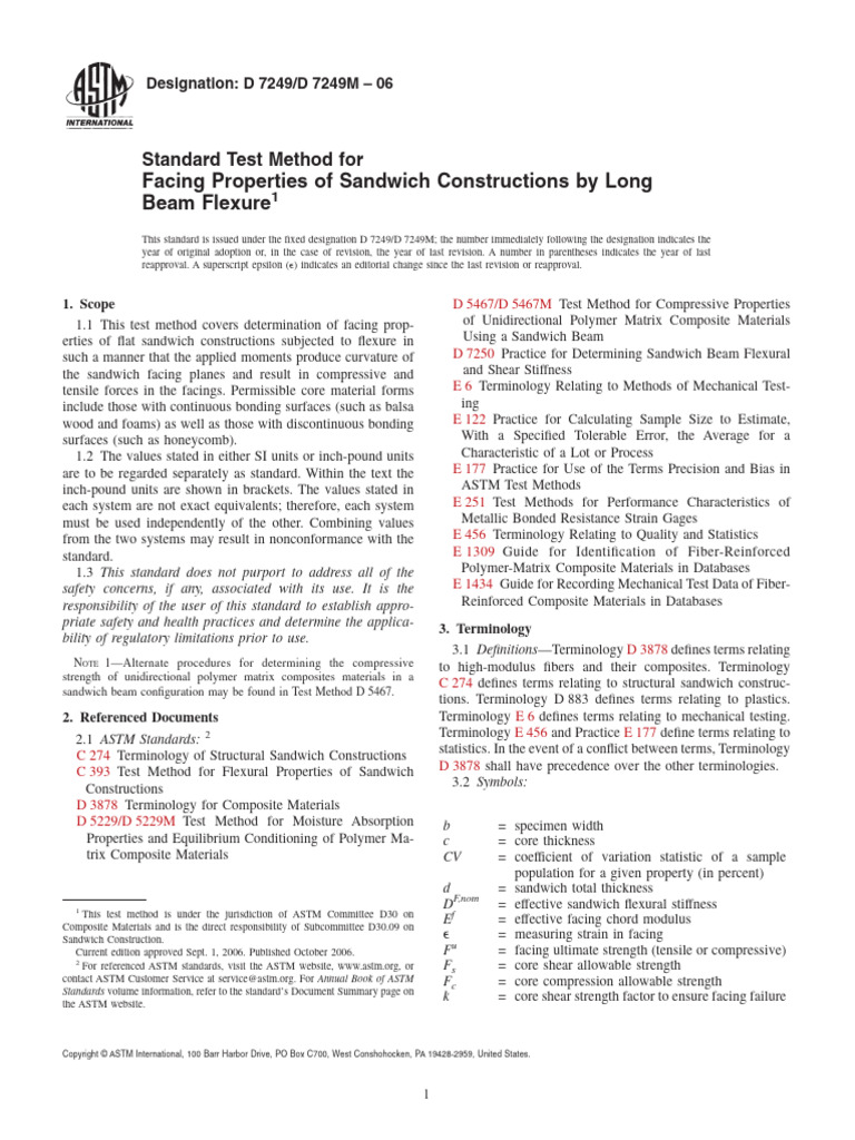 ASTM D7249 - D7249M - 06 Standard Test Method For Facing Properties of ...