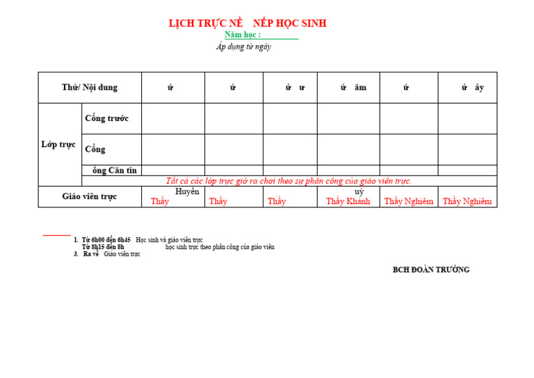 Lich Truc Ne Nep Hoc Sinh Buoi Sang | PDF