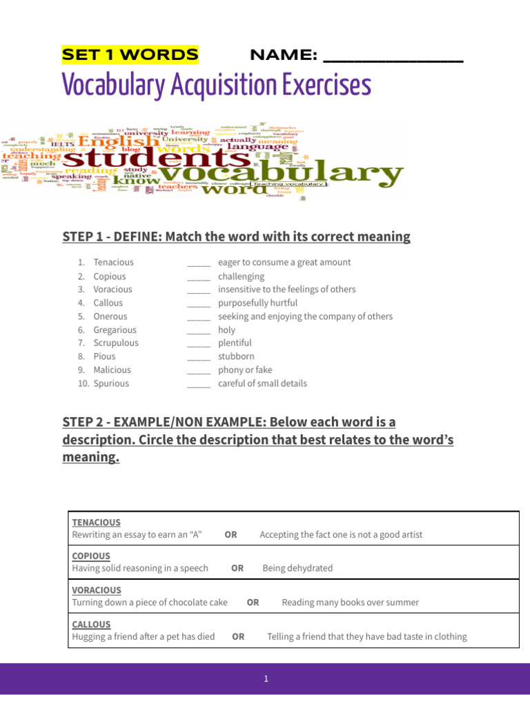 Vocabulary Acquisition Exercises Guide | PDF