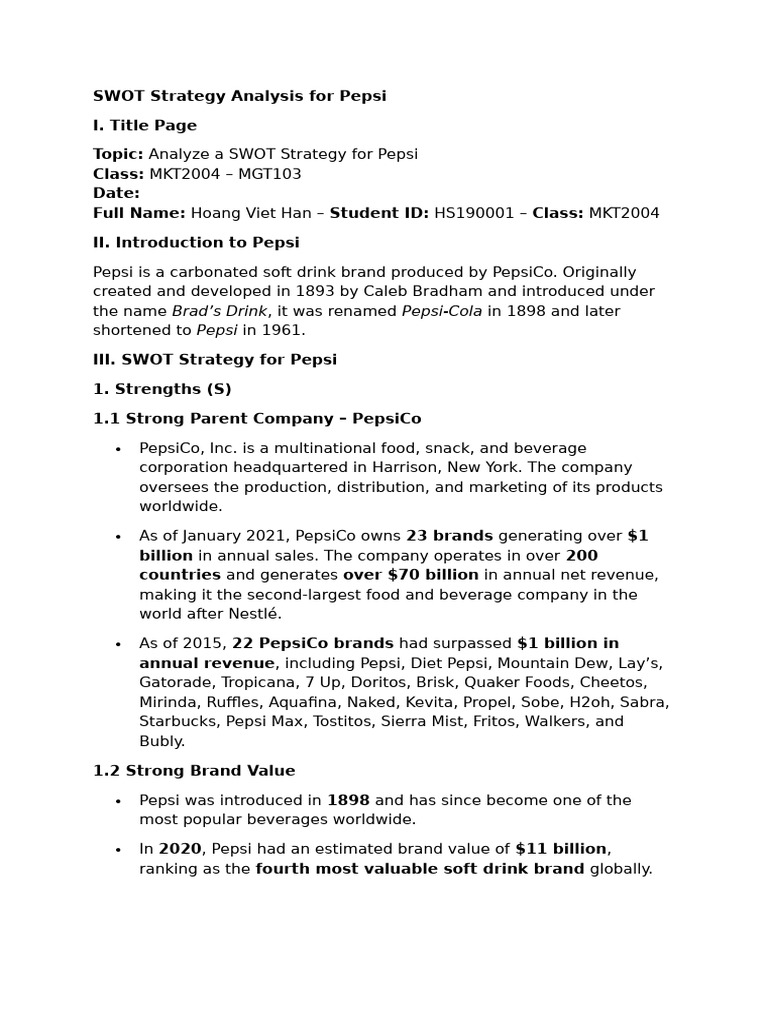 SWOT Strategy Analysis For Pepsi | PDF | Pepsi Co | Pepsi