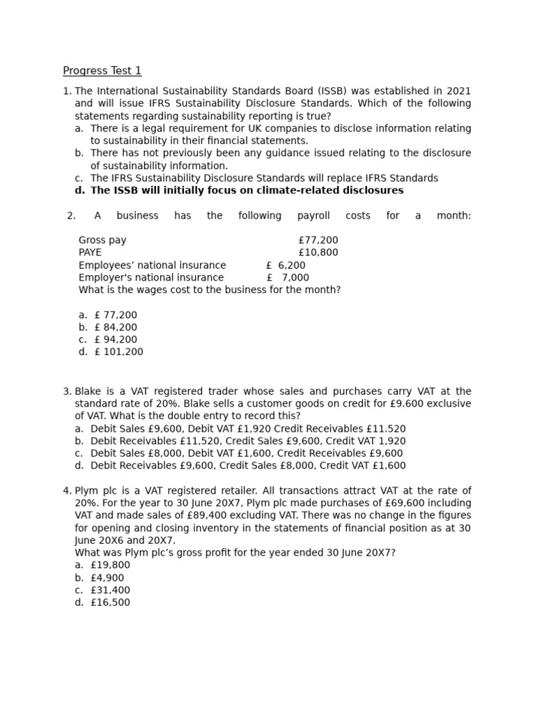 Progress Test 1 - Discussion Questions | PDF | Balance Sheet | Debits ...