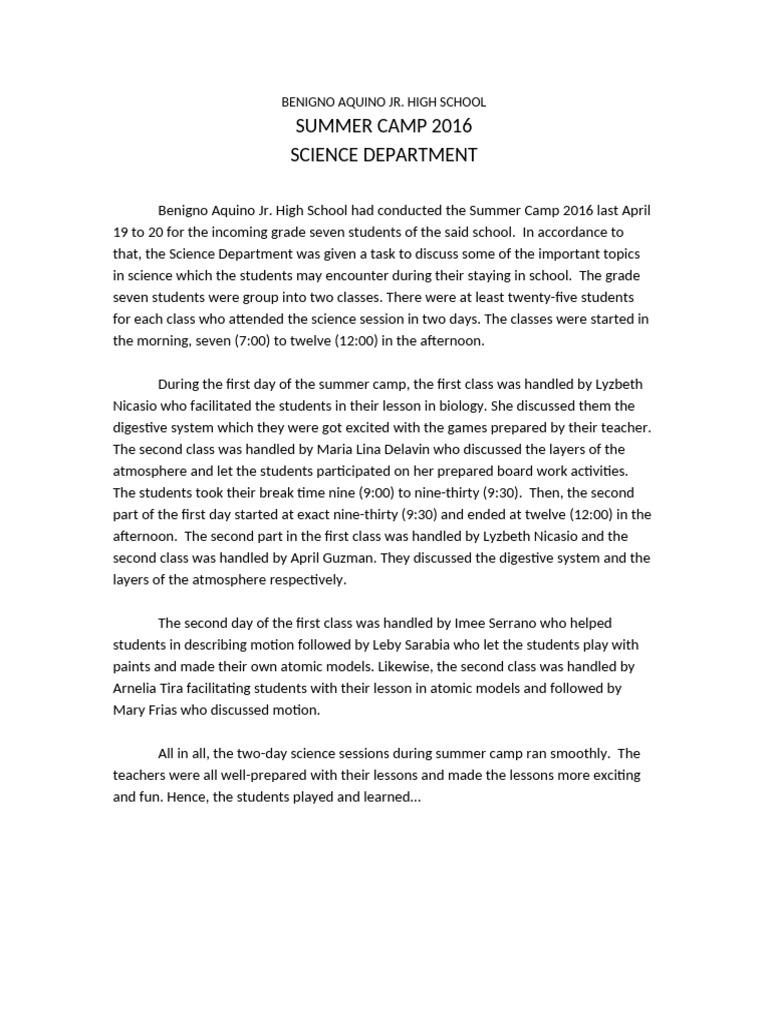 Narrative Report in (Science)Summer Camp 2016 | PDF