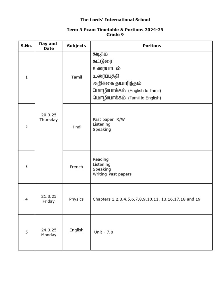 Term 3 Exam TImetable Portions - Grade 9 | PDF