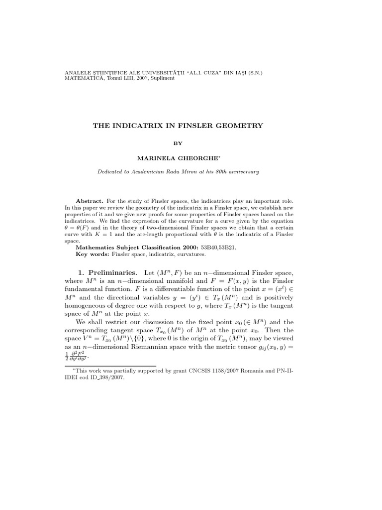 The Indicatrix in Finsler Geometry-Marilena Gheorghe | PDF | Coordinate ...