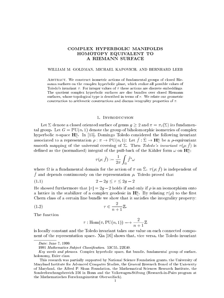 Goldman - COMPLEX HYPERBOLIC MANIFOLDS HOMOTOPY EQUIVALENT TO A RIEMANN SURFACE | PDF ...