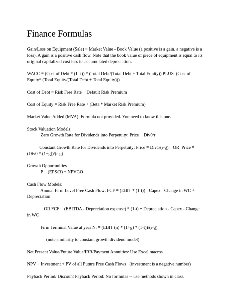 Finance Formulas Provided On The Exam | PDF