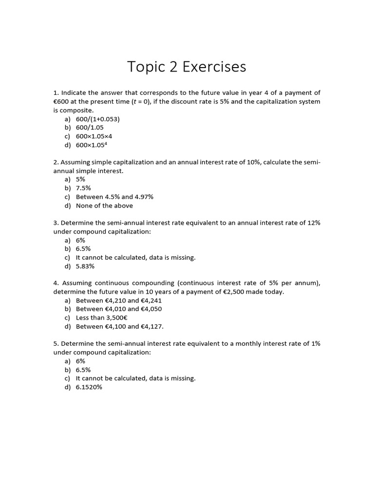 Topic 2 Exercises | PDF | Interest | Present Value