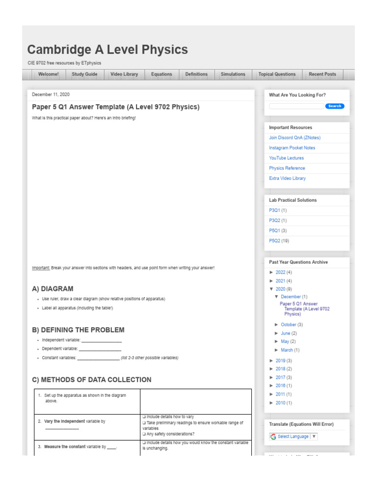 Cambridge A Level Physics- Paper 5 Q1 Answer Template (A Level 9702 Physics) | PDF | Applied ...