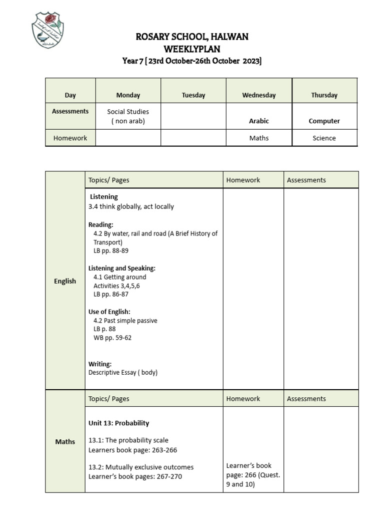 Year 7 Weekly School Plan | PDF | Probability