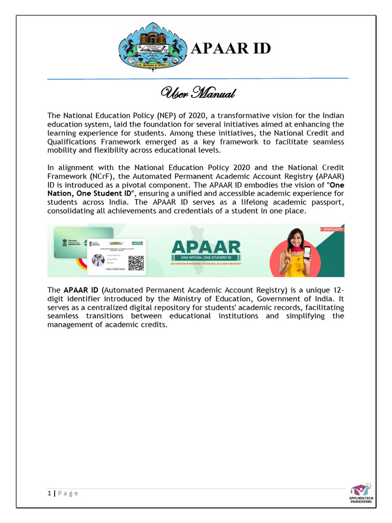 APAAR ID User Manual | PDF | Personal Identification Number | Access Control
