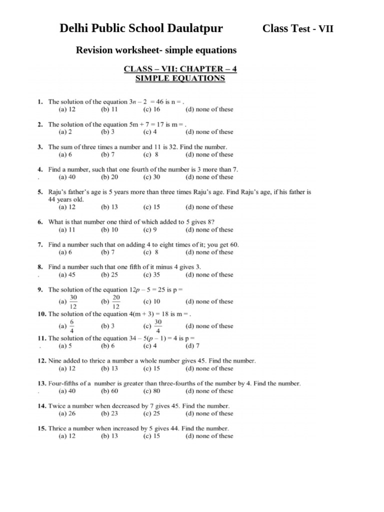 Class VII Simple Equations Worksheet | PDF