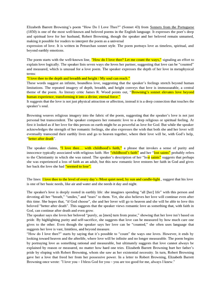 Analysis of "How Do I Love Thee?" | PDF | Love | Poetry