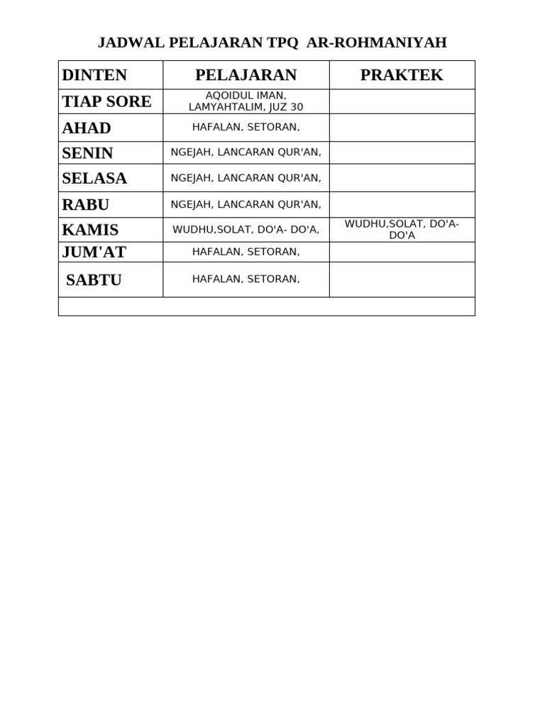 Jadwal Pelajaran Tpq Ar | PDF