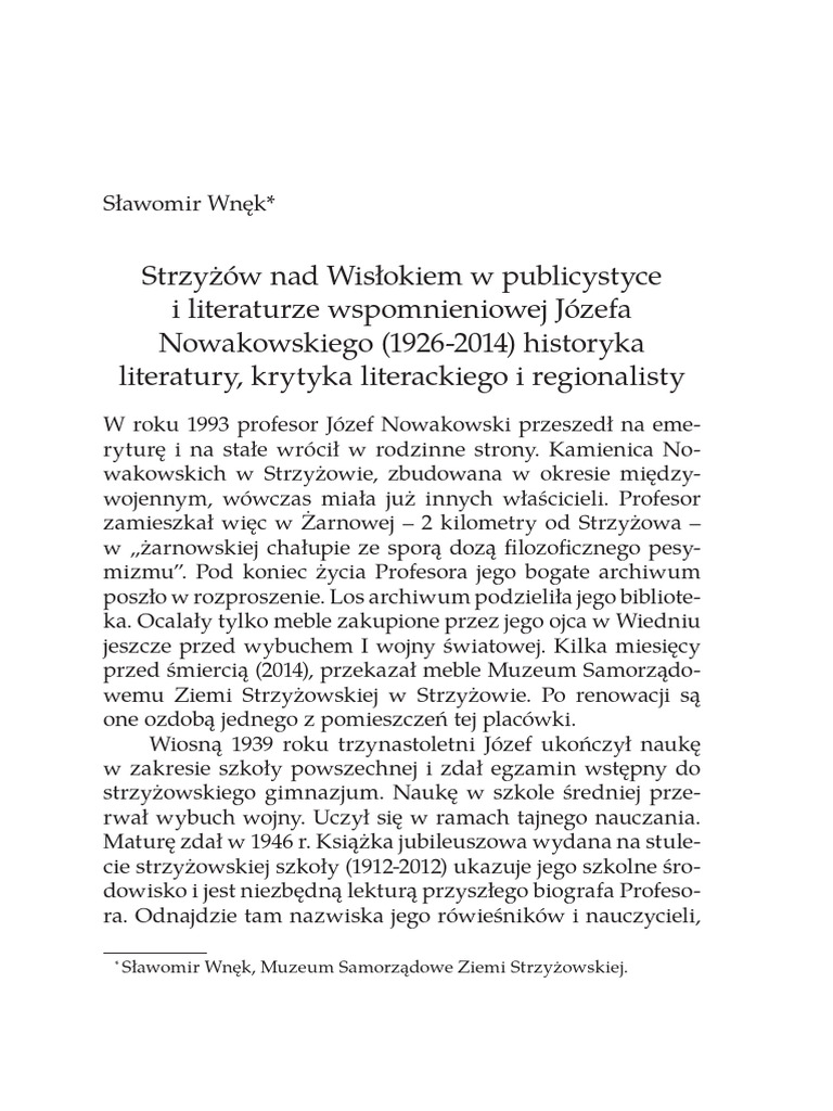 S Wnek Strzyzow Nad Wislokiem w Publicystyce i Literaturze Wspomnieniowej | PDF