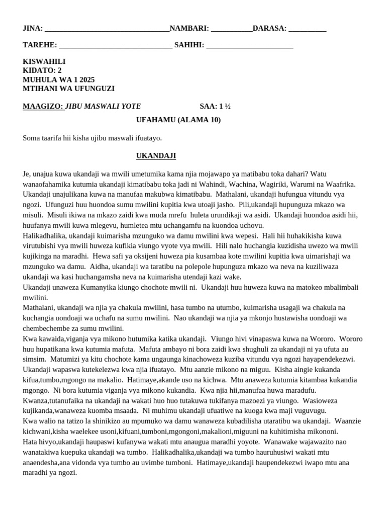 2025-KISWAHILI-F2-QS-T1-EXAM-1-TEACHER_CO_KE | PDF