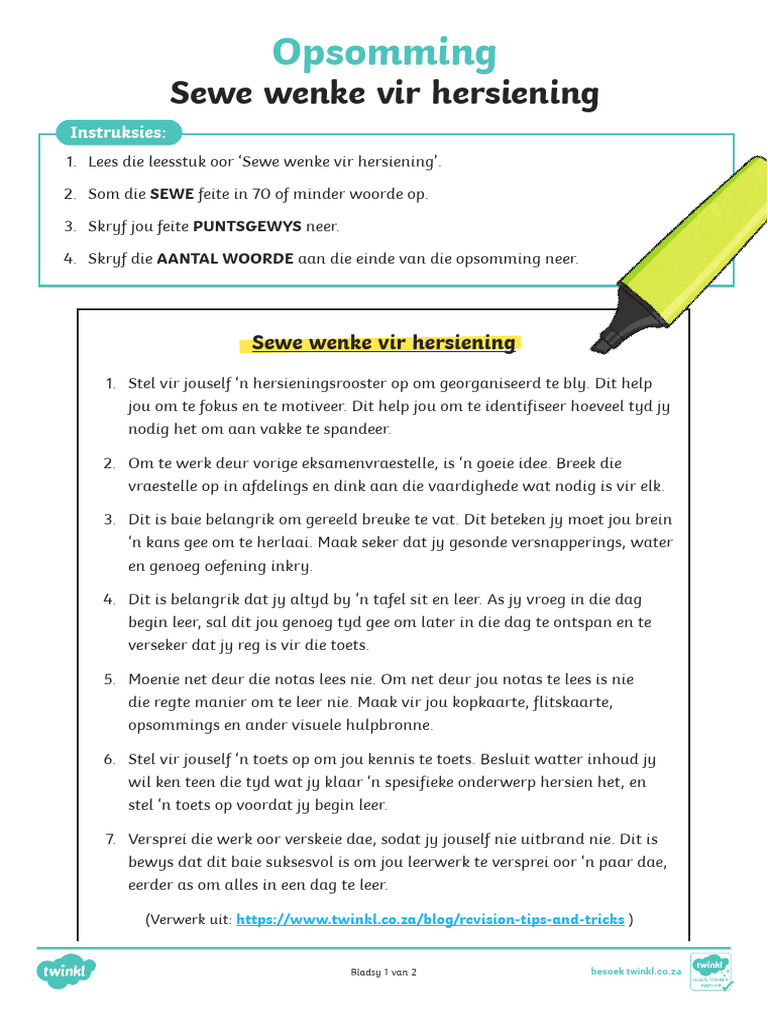 Za Fal 1635603106 Opsomming Sewe Wenke Vir Hersiening - Ver - 2 | PDF