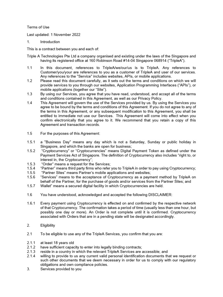 TripleA Cryptocurrency Terms of Use | PDF | Legal Liability ...
