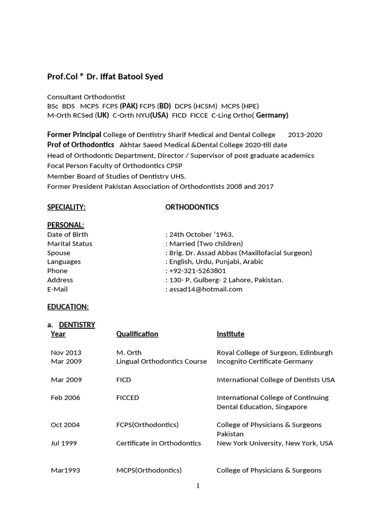 CV - Prof DR Col Iffat Batool | PDF | Dental Degree | Orthodontics
