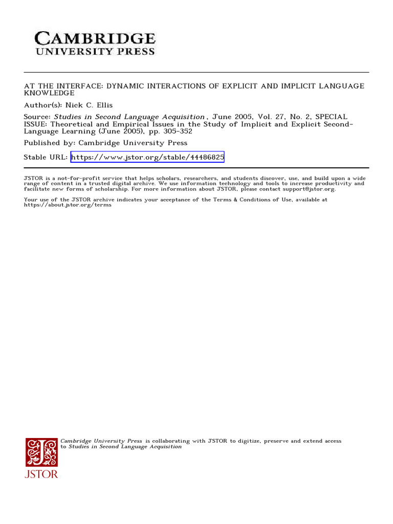 At The Interface Dynamic Interactions of Explicit and Implicit Language Knowledge - Ellis | PDF ...