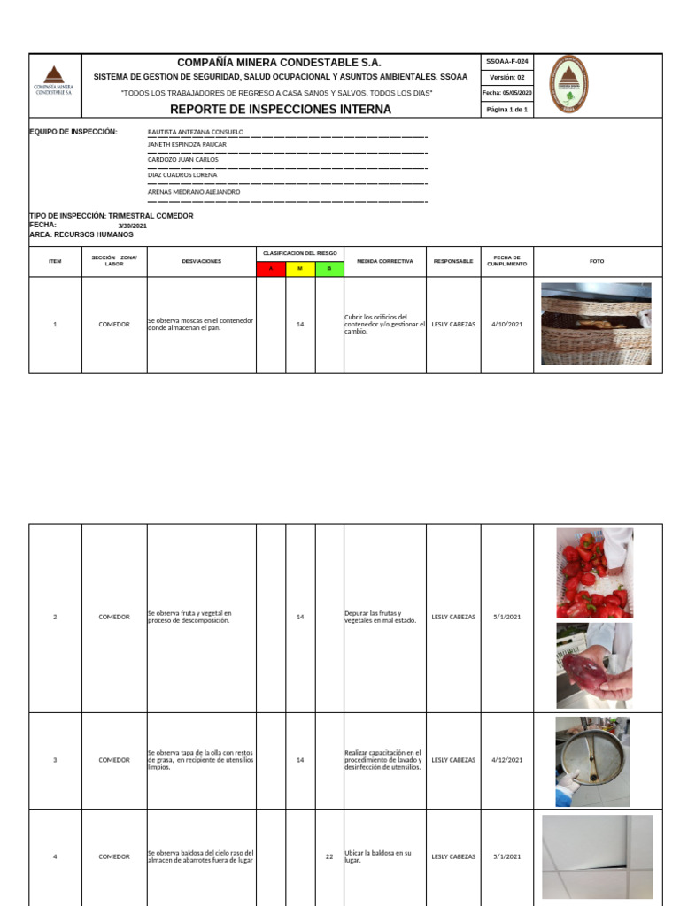 Reporte de Inspecciones Internas - Comedor - Marzo | PDF